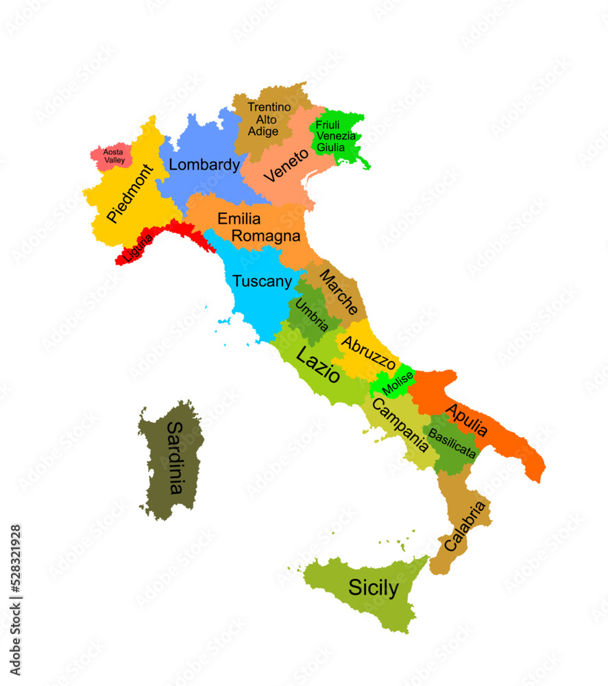 Colorful map of Italy vector silhouette illustration isolated on white ...