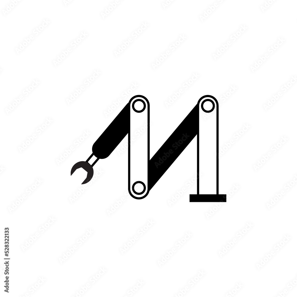 The combination of the letter M and the robot arm logo design ...