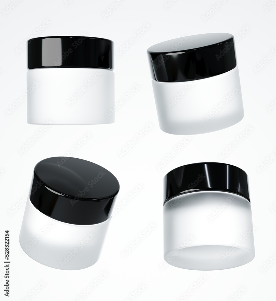Four different views of frosted glass cream jar with black cap, 3D render cosmetic product ...