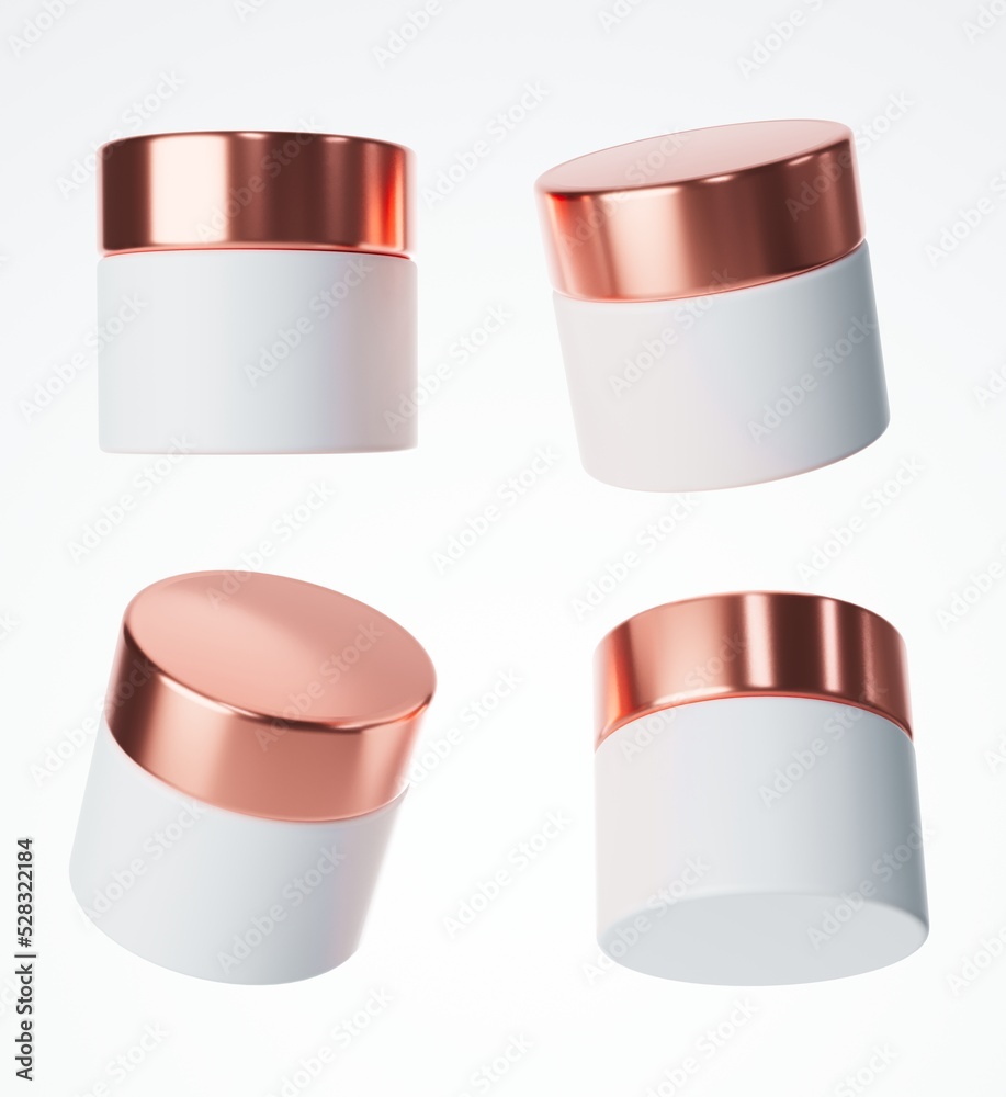 Four different views of matt white plastic cream jar with rose gold cap, 3D render cosmetic ...