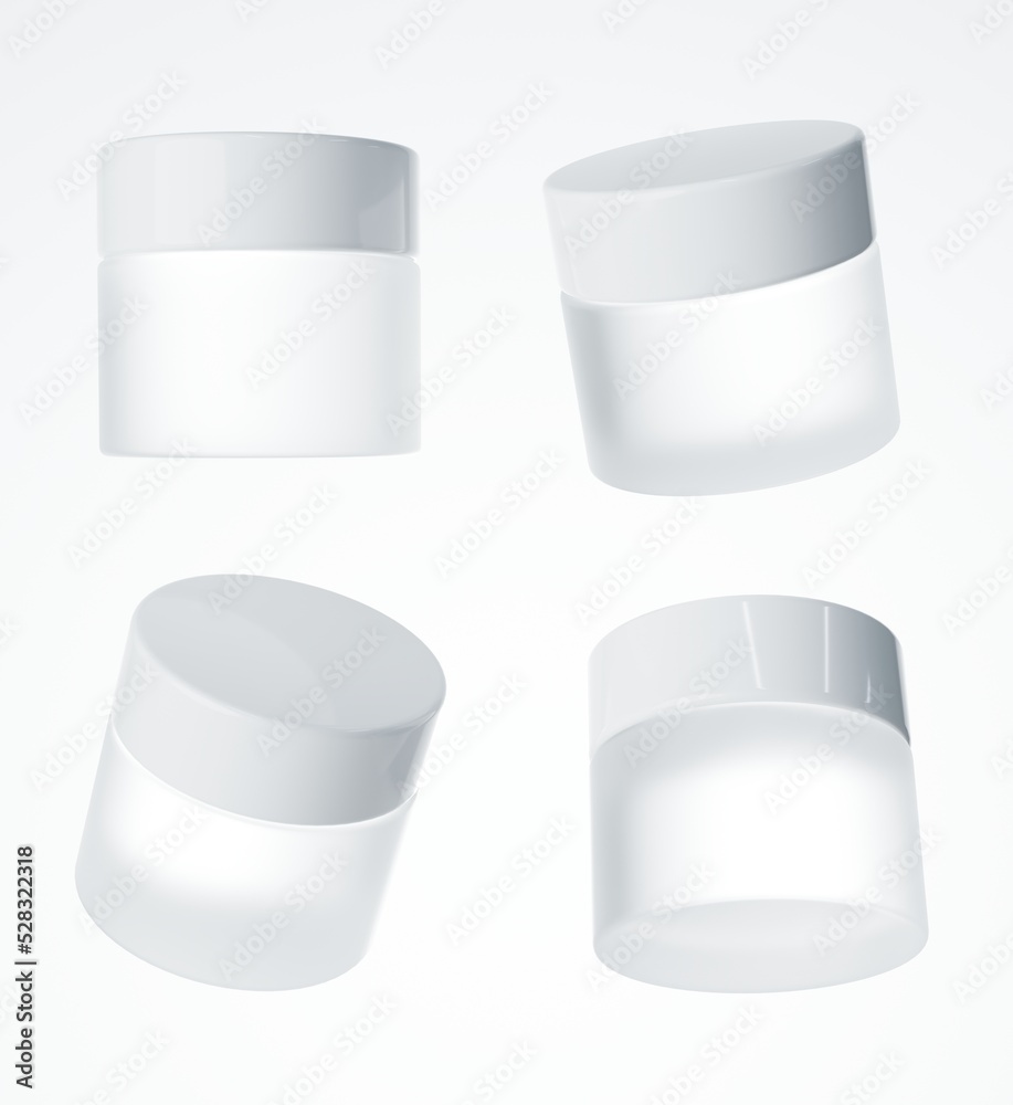Four different views of frosted glass cream jar with plastic cap, 3D render cosmetic product ...