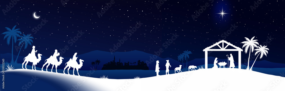Christmas Nativity Scene greeting card banner background Stock ...