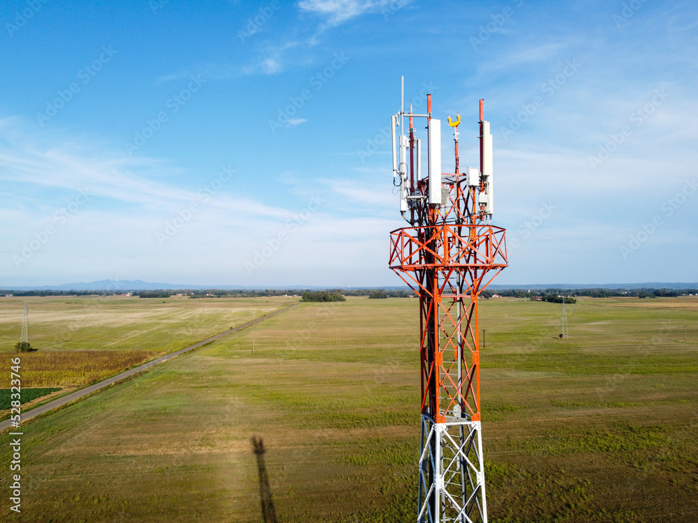 Aerial drone view of GSM and radio telecommunication tower. Cell phone ...