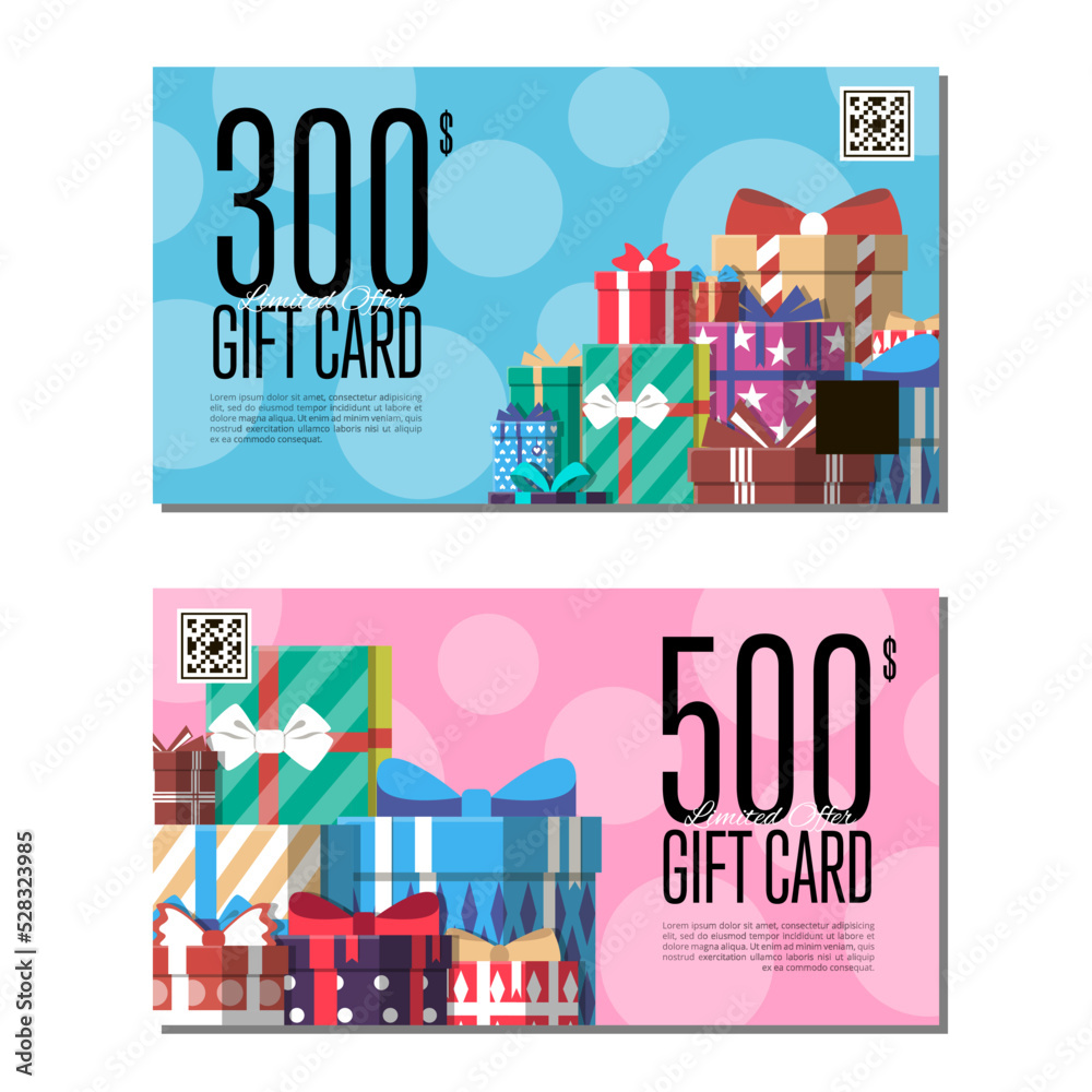 Shopping certificate template set with gift box vector illustration ...