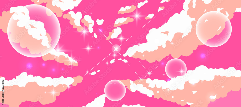 Pink anime sky with clouds and sparkles. Cartoon style illustration ...
