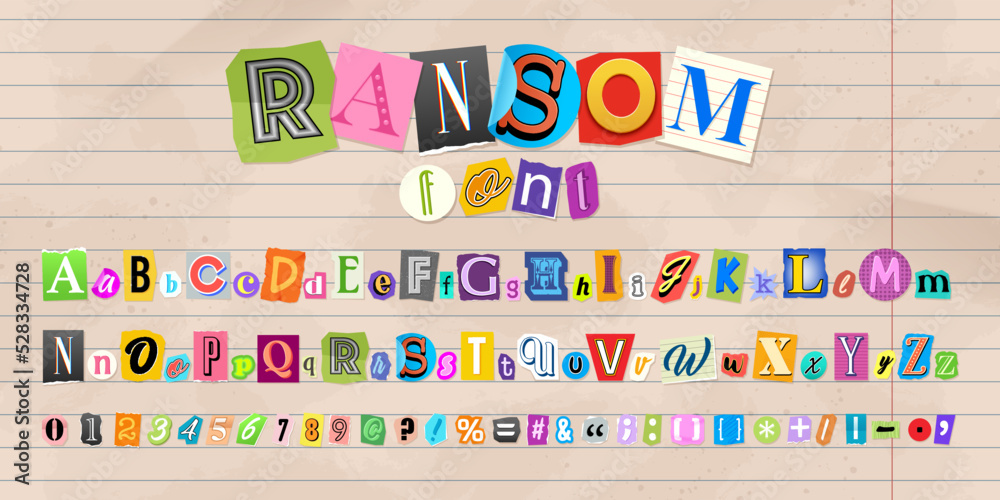 Color letters, numbers and punctuation marks cut from newspapers and ...