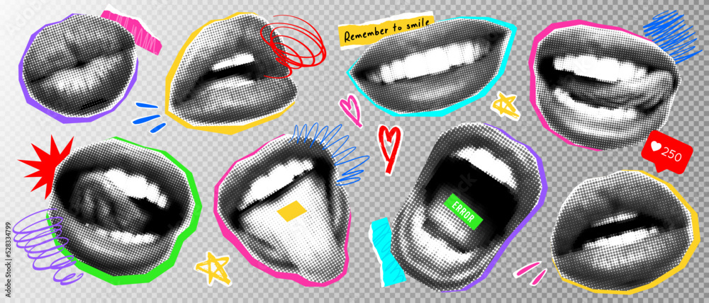 Halftone lips set with punk elements. Collage mouth for banner, graphic ...
