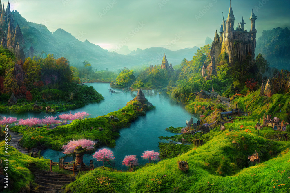 Fantasy landscape painting, castle and village, imaginary world Stock ... Fantasy landscape painting, castle and village, imaginary world Stock ...