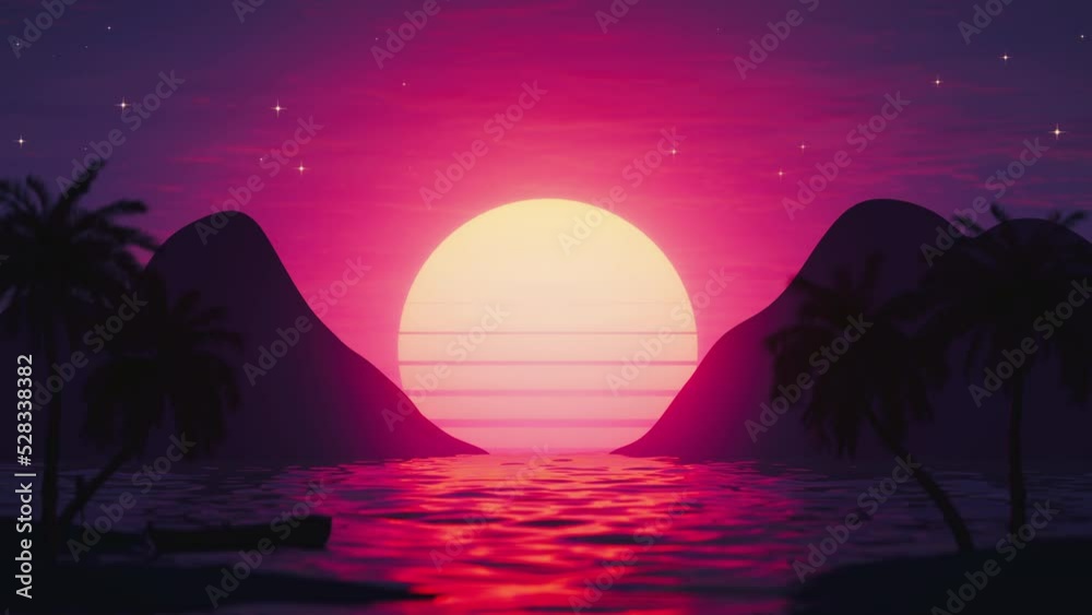 retrowave island with palm tree and ocean - loop animation 80s ...