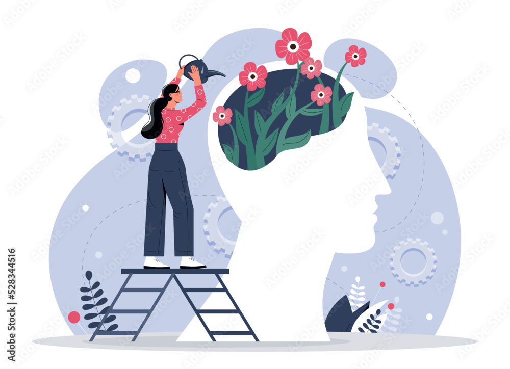 Mental health concept. Woman planting flowers in abstract head ...