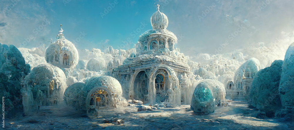 3d illustration rendering of great sacred ice temple with hemispherical ...