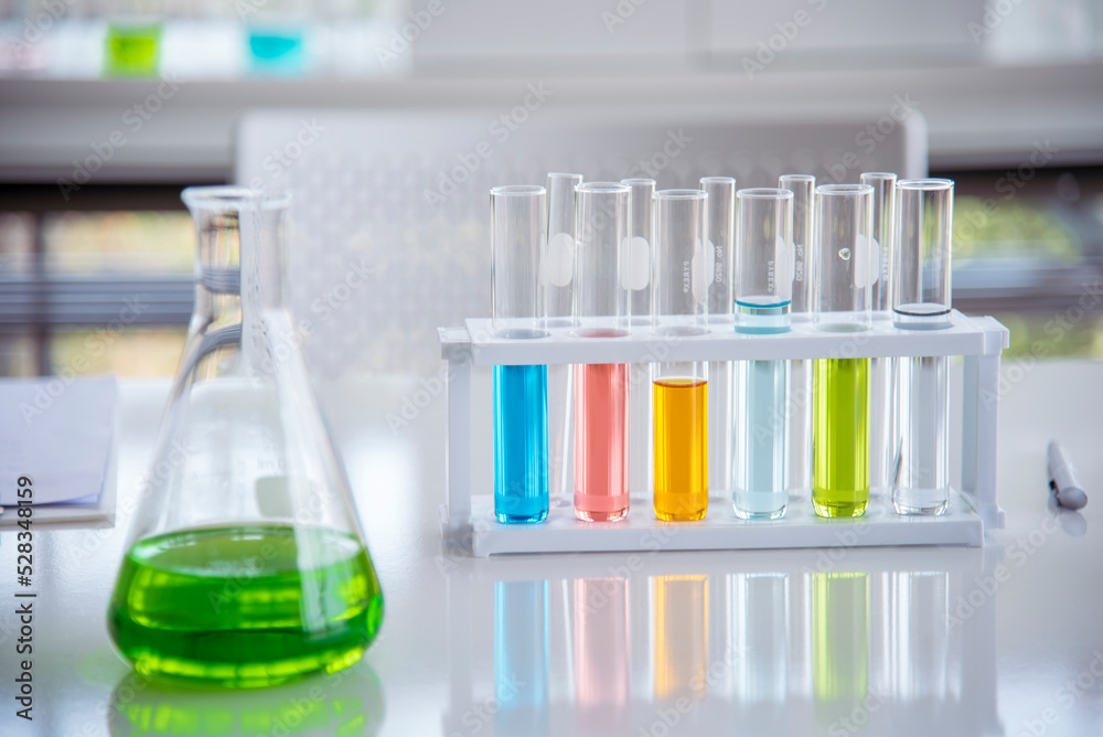 Science chemistry glass tubes objects on lab background. Liquid tube ...