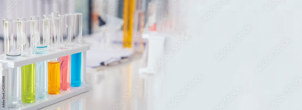 Banner Science chemistry glass tubes object on lab background. Wide ...