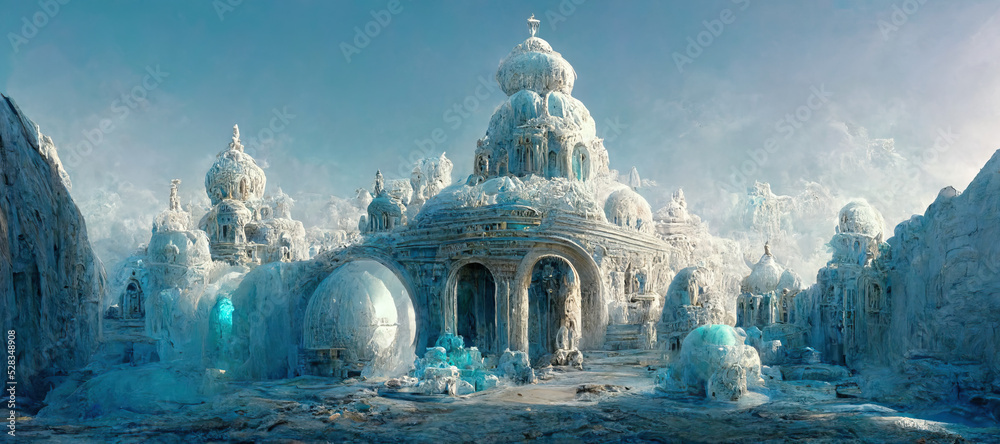 3d illustration rendering of great sacred ice temple with hemispherical ...