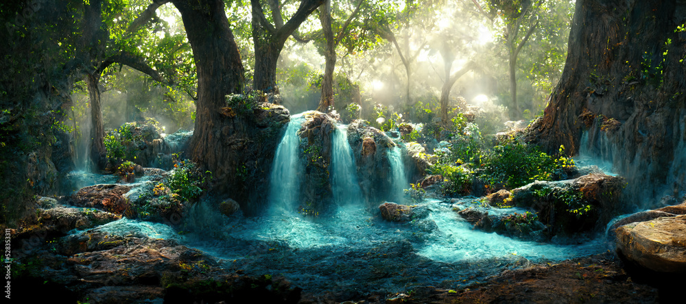 A beautiful enchanted forest with big fairytale trees, waterfall and ...