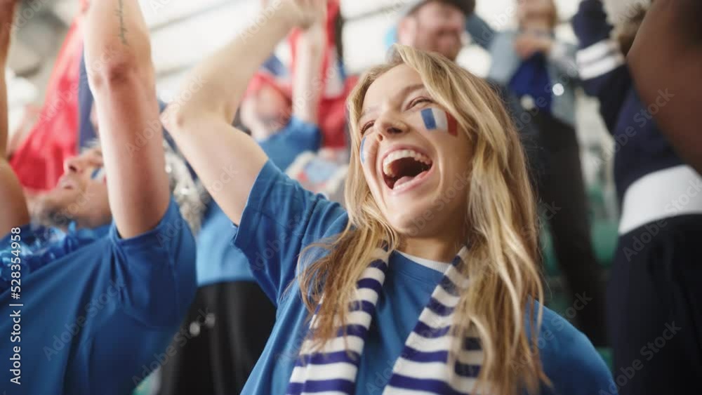 Sport Stadium Soccer Match: Portrait of Beautiful Caucasian Fan Girl ...
