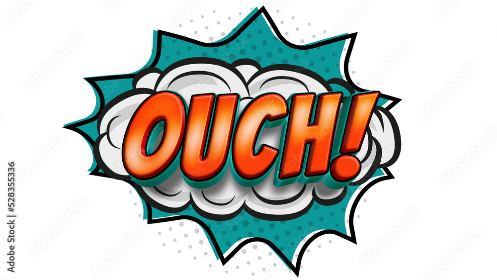 Ouch! cartoon comic 3d text speech bubble with blue explosion and cute ...