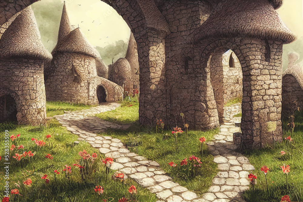 3D render of fantasy medieval village with a lot of buildings. Digital ...