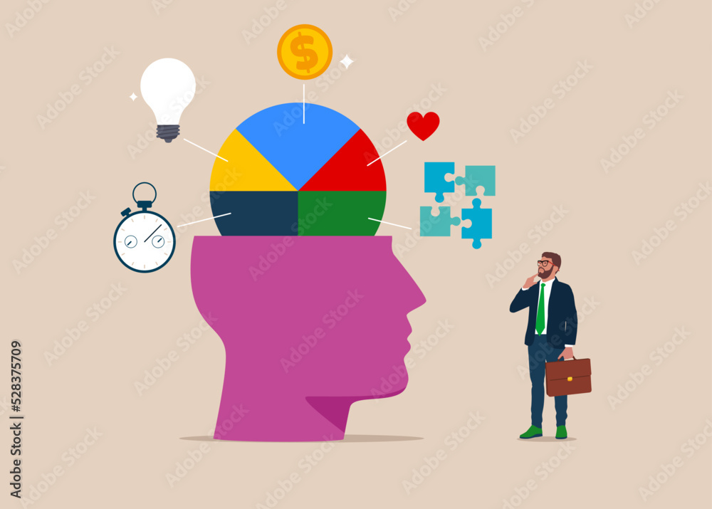 Human head brain with pie chart of idea, solution and time ...