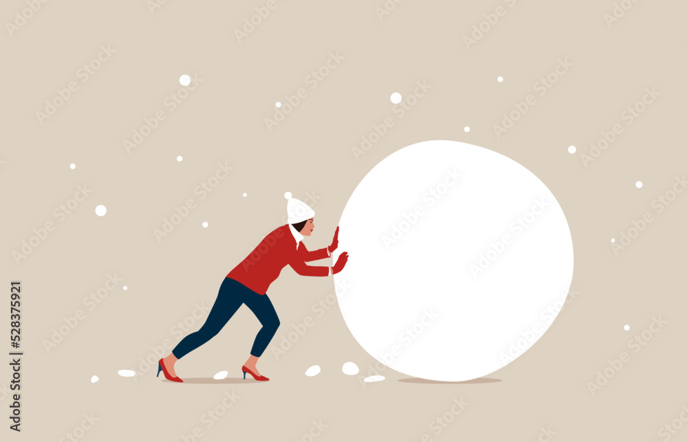 Businesswoman investor rolling large snowball build. Snowball effect ...