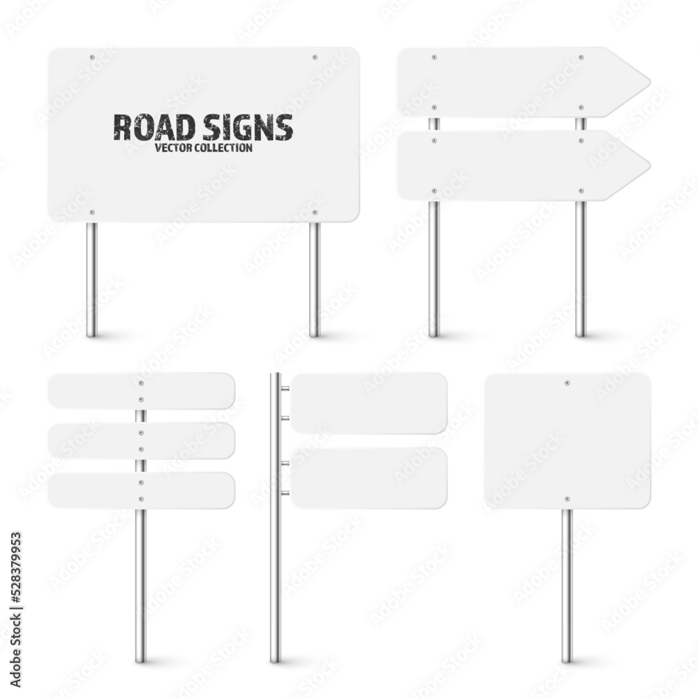 Various road, traffic signs. Highway signboard on a chrome metal pole ...