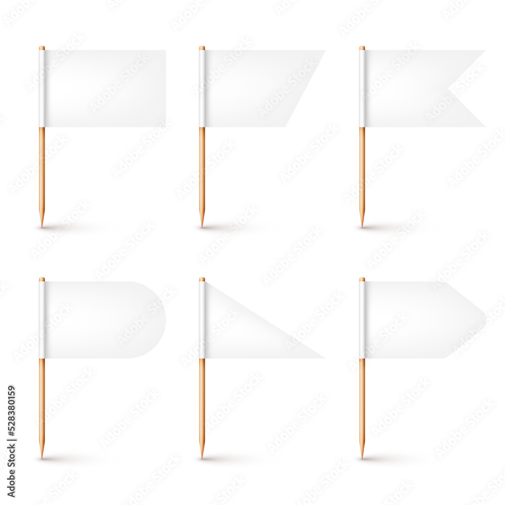 Realistic various toothpick flags. Wooden toothpicks with white paper ...