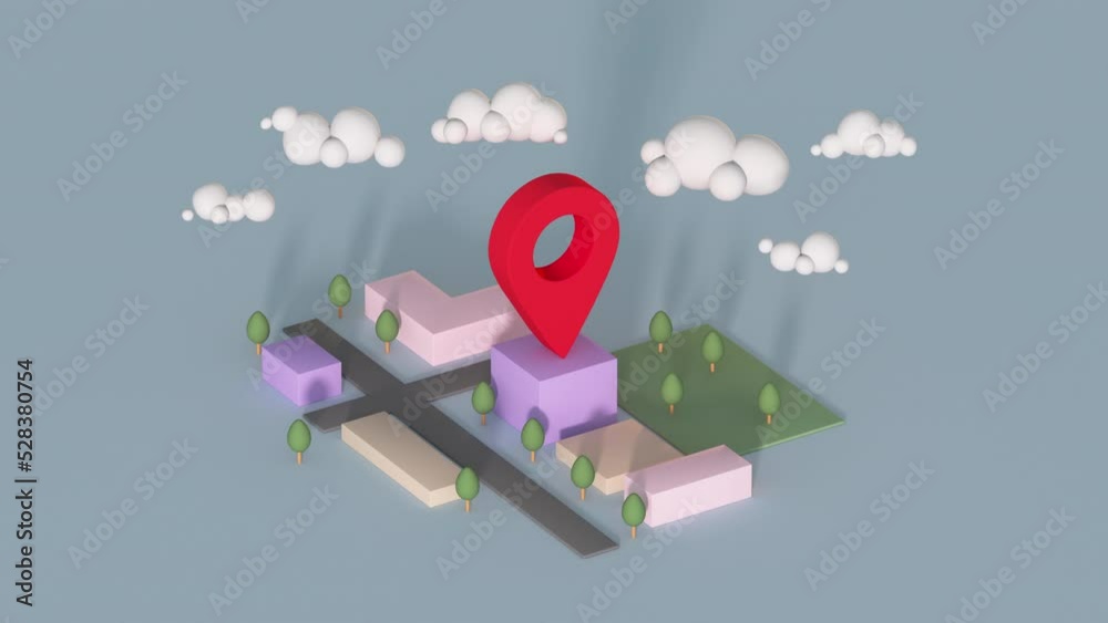 Isometric city and location pin. Minimal cartoon style 3D render ...