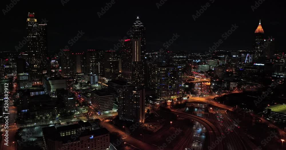 Atlanta Aerial v785 flyover pull out shot capturing busy freeway ...