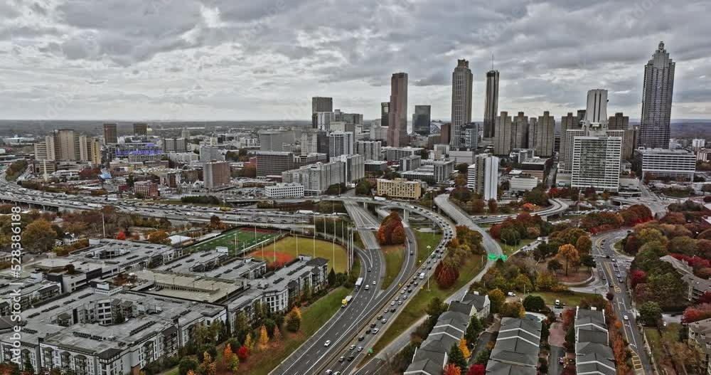 Atlanta Aerial v755 cinematic pull out shot capturing skyscrapers in ...