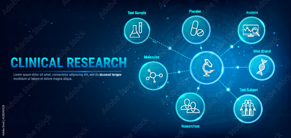 Clinical Research. Healthcare concept background with icons and Key ...