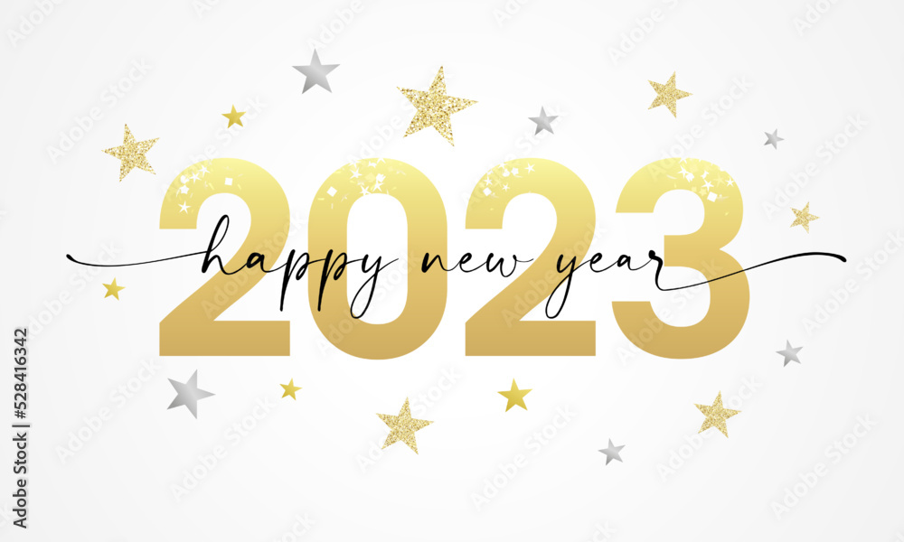 Happy New Year 2023 lettering script and golden glitter of stars ...