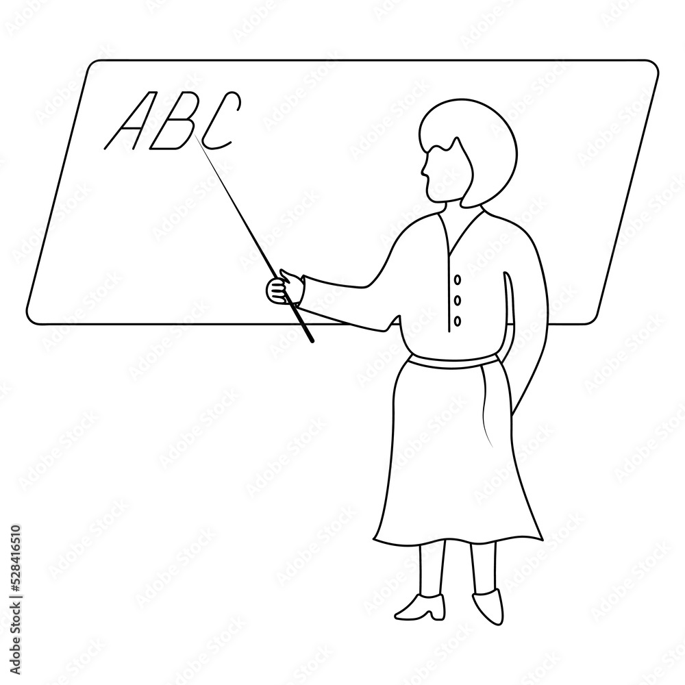 The teacher teaches students the alphabet. Sketch. A woman points with ...