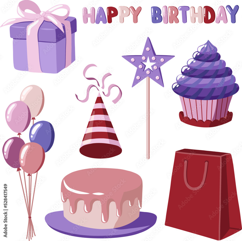 Vector birthday clipart set. Cake, gift box, balloons and birthday hat ...