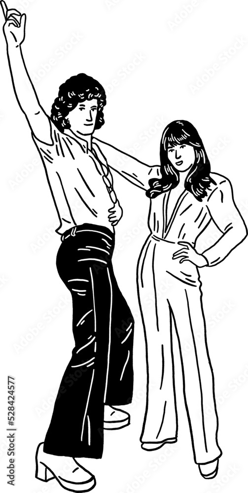 Couple in 60s 70s Disco fashion People Dancing Hand drawn line art ...
