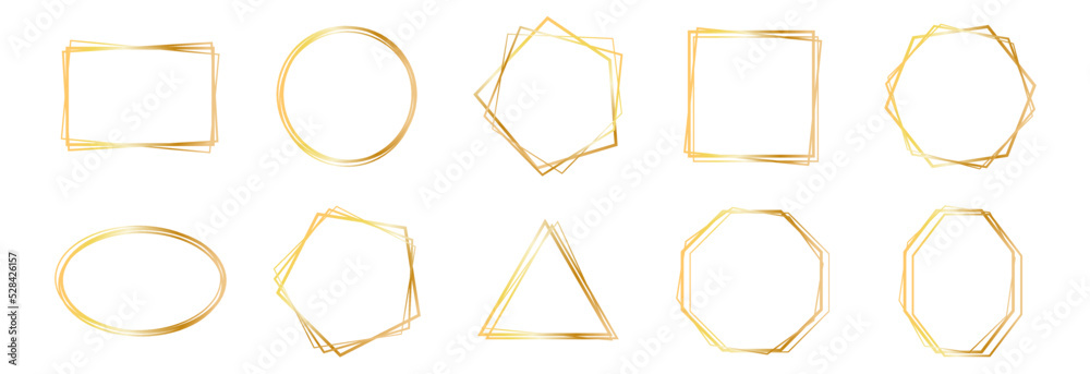 Set of geometric gold frame isolated on white.Golden Geometrical frames.Simple abstract golden ...