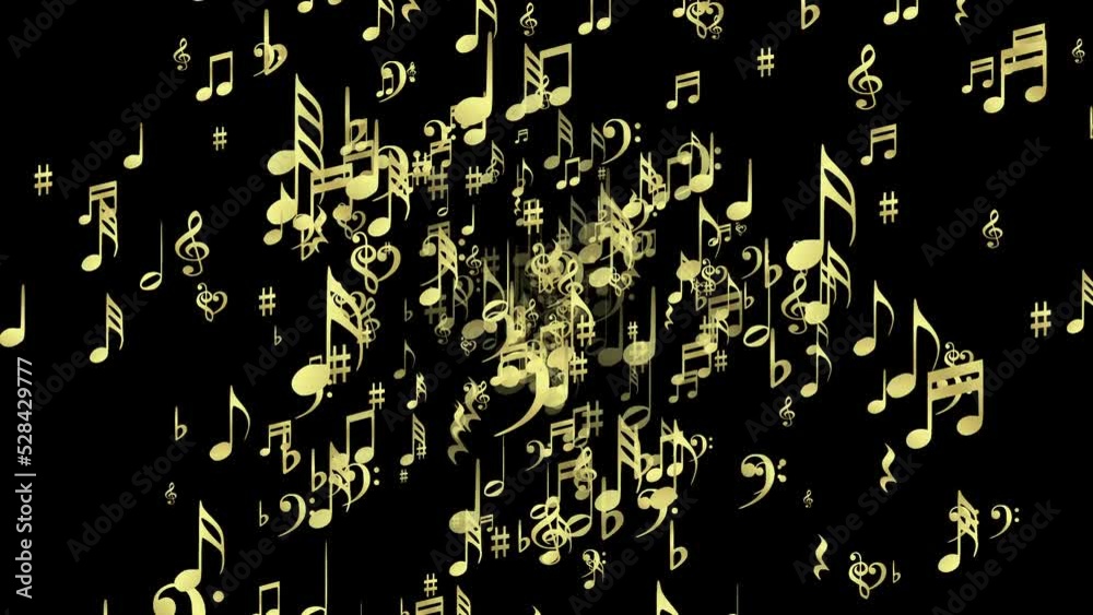 Floating golden music notes. Isolated exploding icons. Animation. Black ...