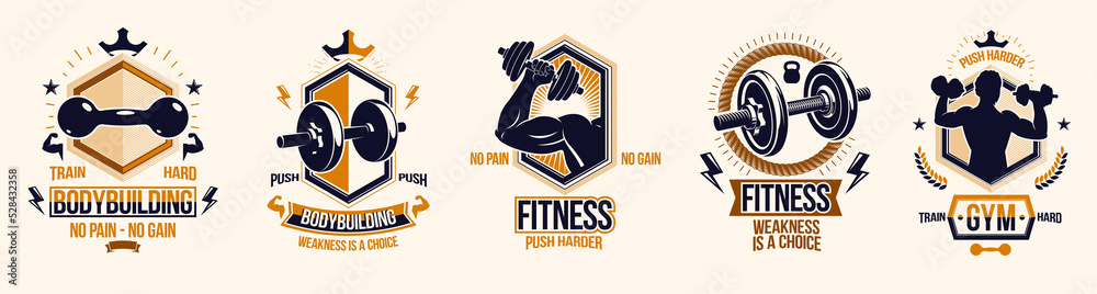 Fitness sport emblems logos or posters with barbells dumbbells ...