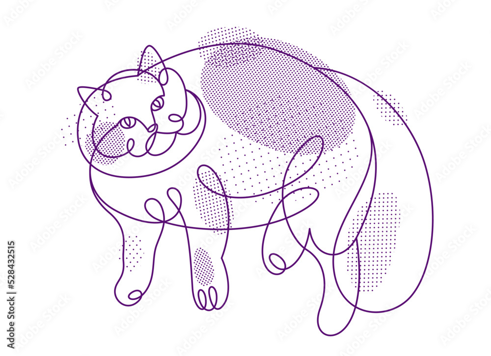 Fat and lazy cat line art vector illustration, linear drawing of ...