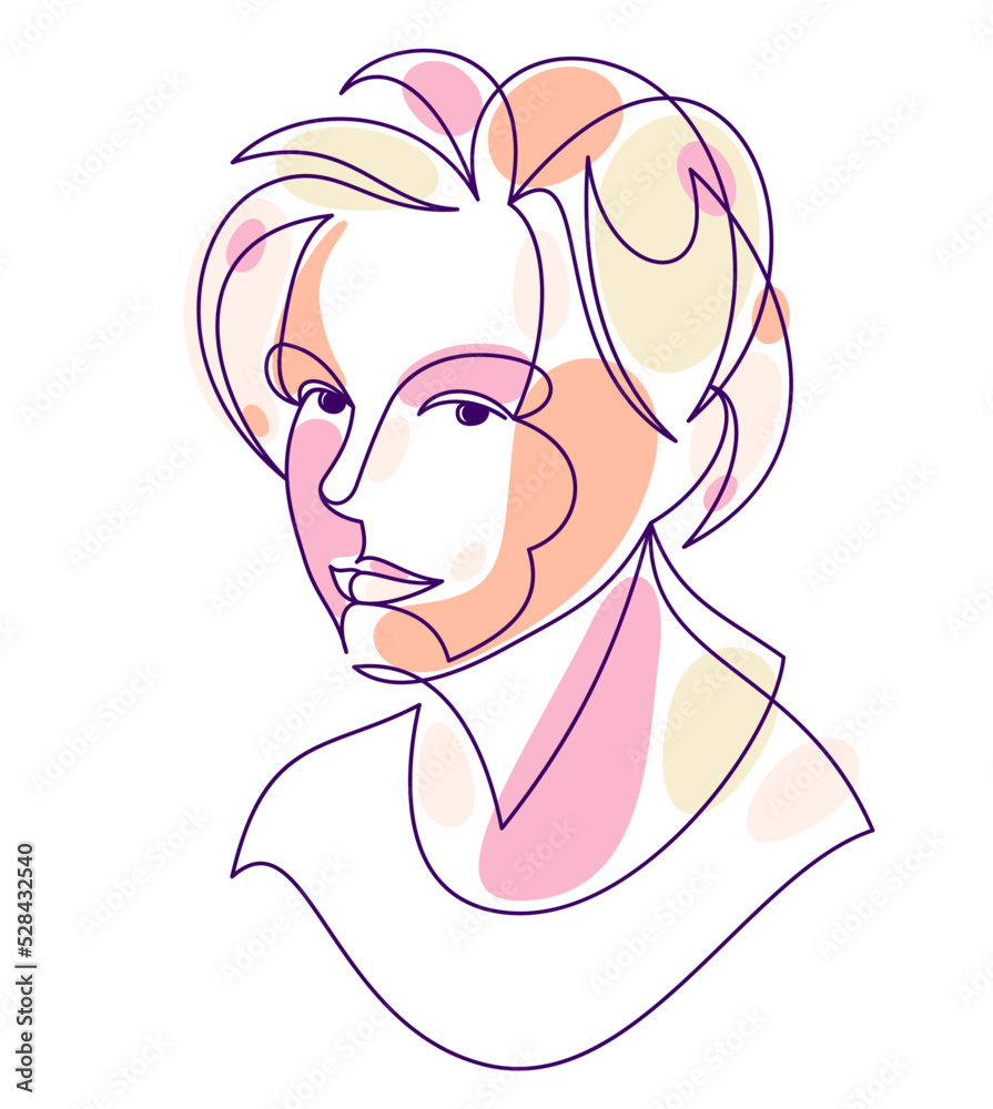 Beautiful face of attractive woman vector linear drawing, sensitive ...