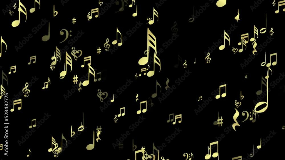 Floating golden music notes. Isolated exploding icons. Animation. Black ...