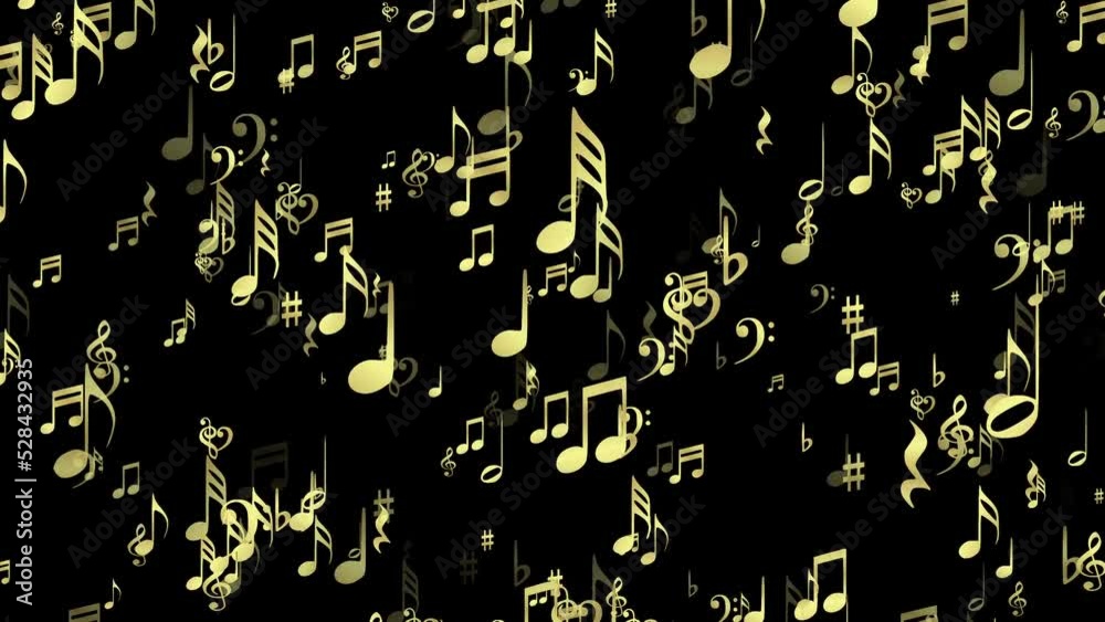 Floating golden music notes. Isolated exploding icons. Animation. Black ...