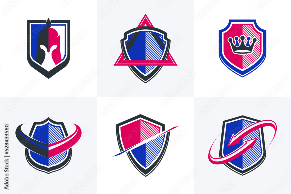 Classic shields shapes set with different additional elements vector ...
