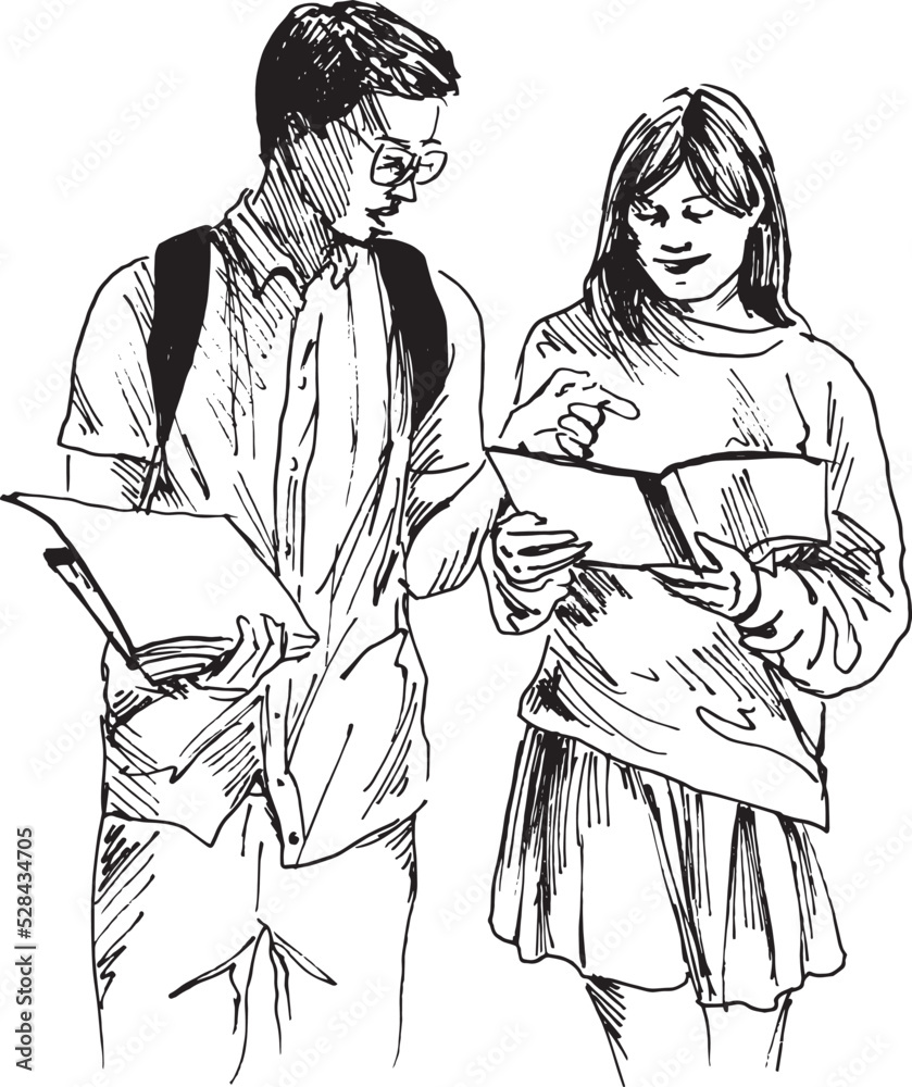 Hand sketch of two students. Vector illustration. Stock Vector | Adobe ...