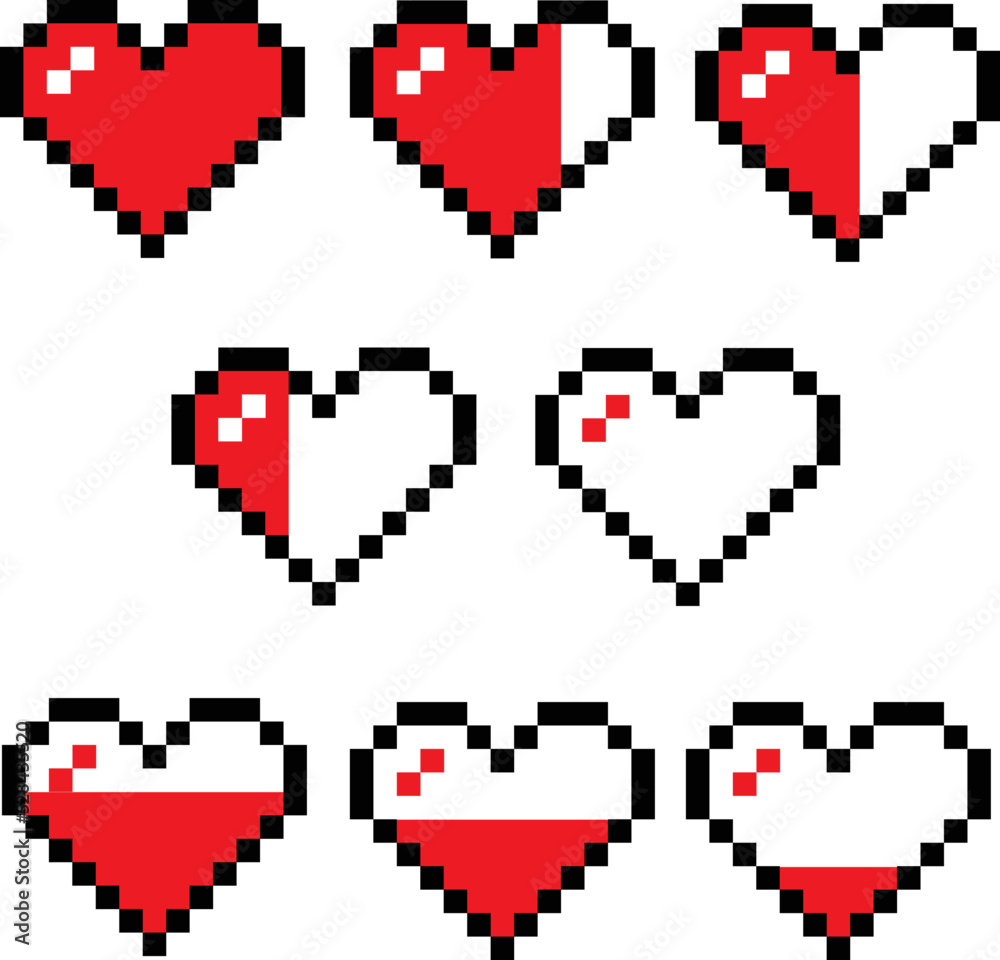 pixel game life bar sign. filling red hearts descending. pixel art 8 ...