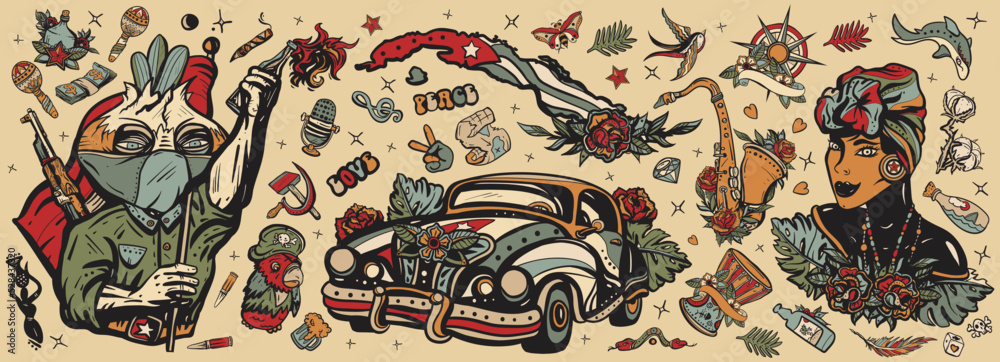 Old school tattoo collection. Cuba. Havana retro cars. Revolutionary ...