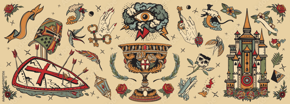 Old school tattoo collection. Medieval. Warrior crusader, sacred holy ...