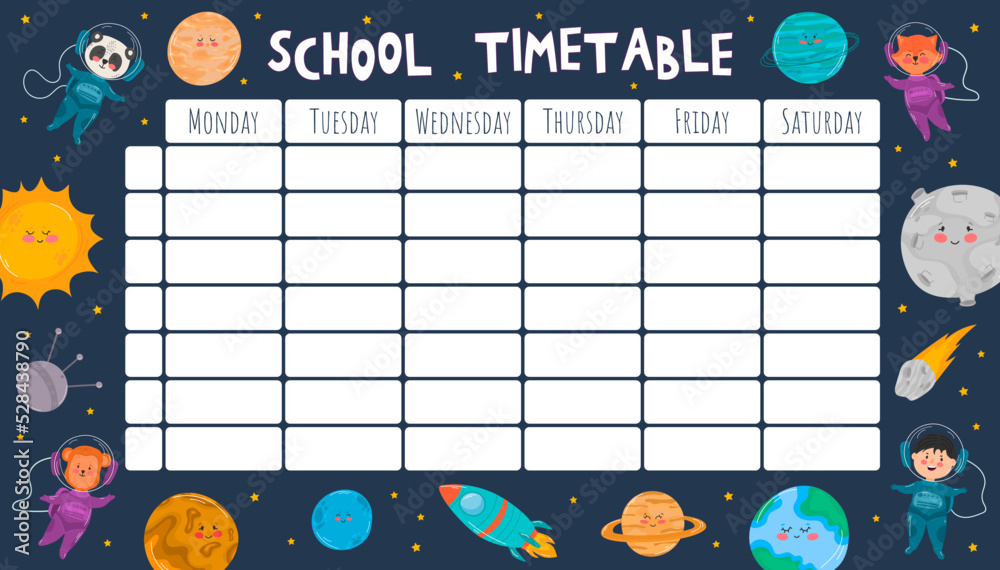 School timetable template with cartoon planets, rockets, shuttle. Back ...