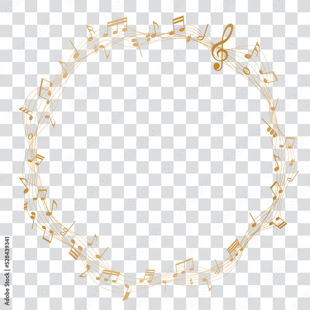 vector sheet music round frame - gold colored musical notes melody on ...