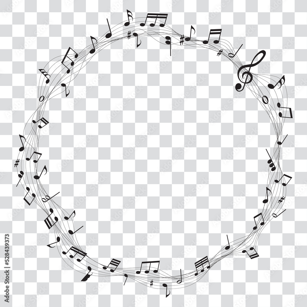 vector sheet music round frame - musical notes melody on transparent ...