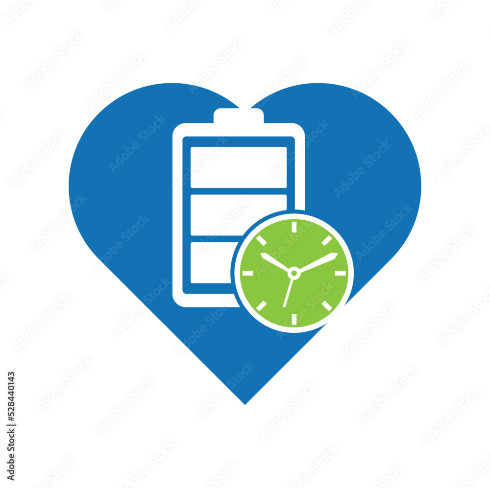 Battery time heart shape concept logo design template. Speed charge ...